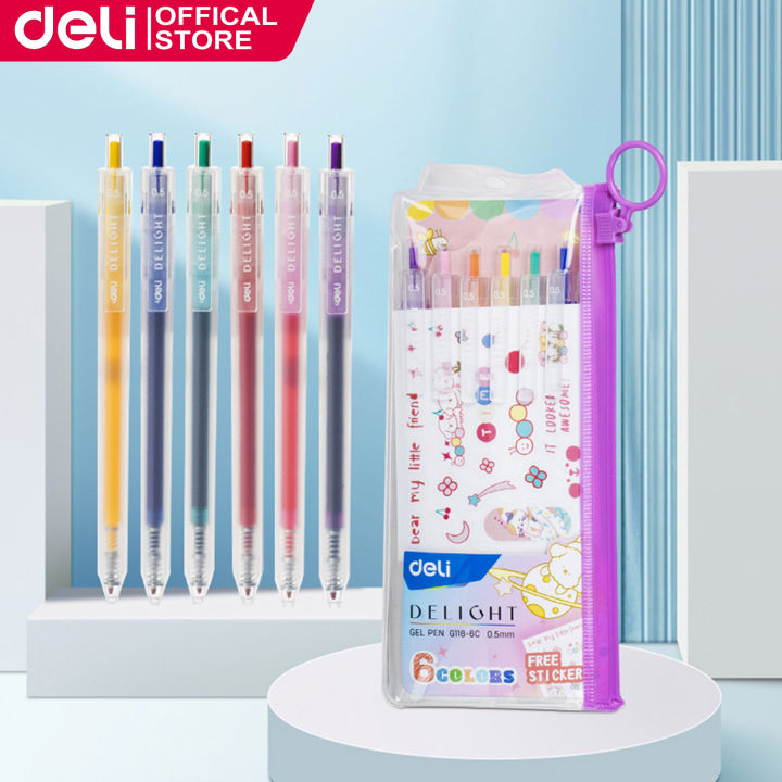 Deli 6 Colors Gel Pen 0.5mm Bullet With Pen Bag and Sticker (6Pcs/Bag) EG118-6C | Lazada PH