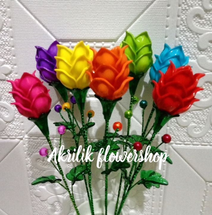 Bunga tangkai mawar kuncup akrilik 3 susun minimal pembelian 5pc ...