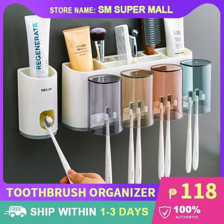 【No Drilling】Toothbrush Organizer Holder with Toothpaste Dispenser Set ...