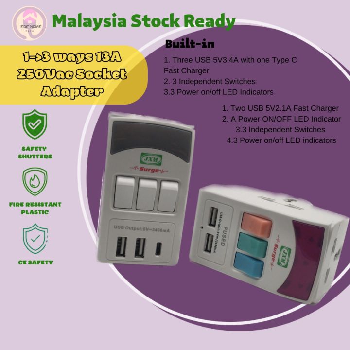 【New Type C USB Design】eDIYhome 3Way 13A 250Vac Plug Socket Adapter with Independent Switches ...