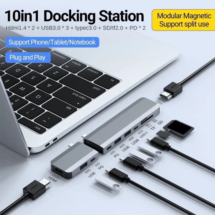 USB-C Docking Station 10 in 1 Magnetic Hub with Dual Monitor +USB 3.0 ...