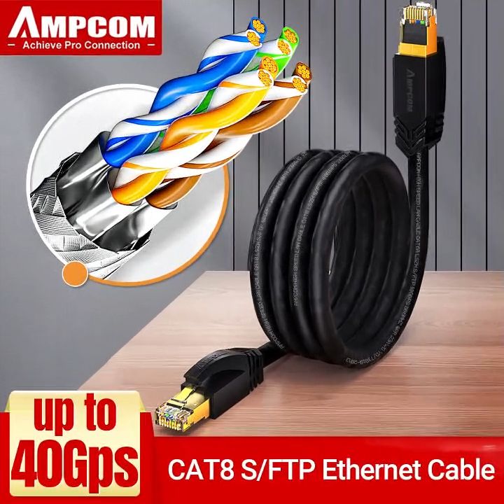 AMPCOM CAT8 S/FTP Ethernet Cable, 1-25m, High-Speed, Shielded, 23AWG, 50U Gold Plated RJ45 ...