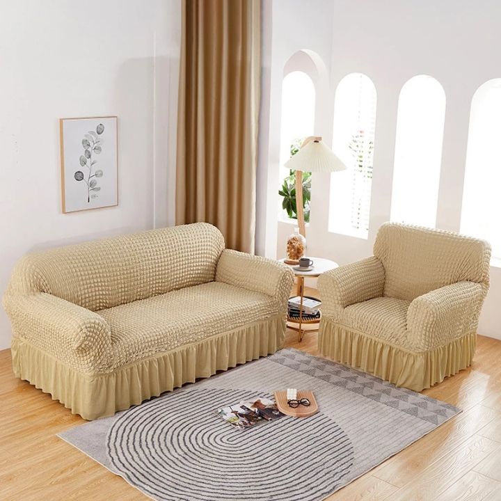 1/2/3/4 Seater Seersucker Sofa Cover with Elastic Skirt 3D Bubble Cloth ...