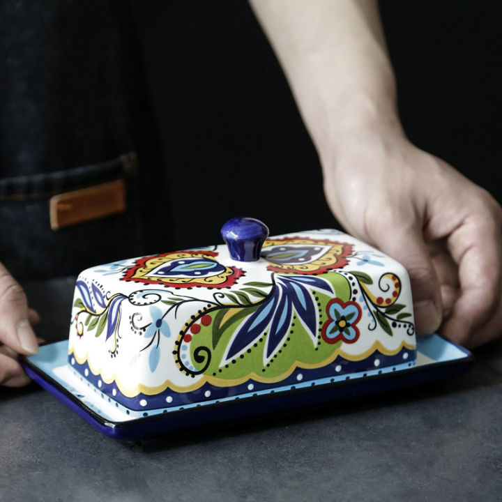 OMK Bohemian Style Hand-painted Ceramic Butter Dish with Lid Butter ...