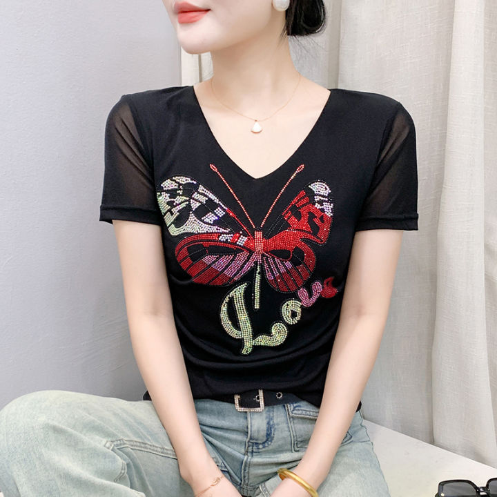 Yimei Áo thun kim cương nhân tạo hình con bướm tay ngắn cổ chữ V Mới ...
