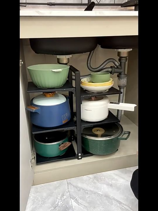 Under Sink Adjustable Pots & Pans Rack Kitchen Countertop Organizer ...