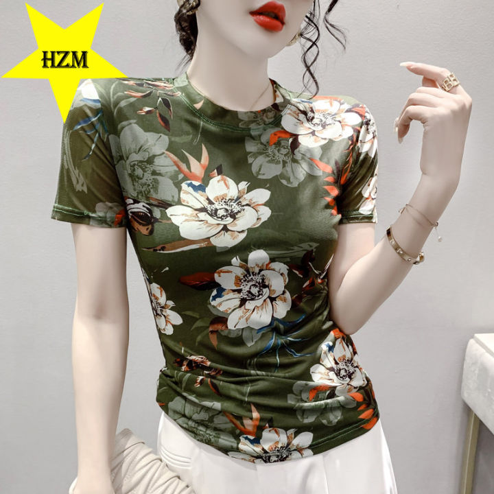 HZM 2023เสื้อยืดลายดอกไม้เข้ารูปพิมพ์ลายคอกลมแขนสั้นผ้าโปร่งใส่ได้พอดีกับฤดูร้อนแฟชั่นสินค้า ...