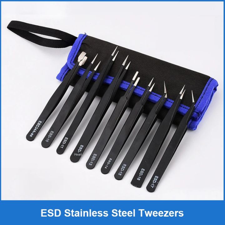 9-10pcs/Set Anti-static ESD Stainless Steel Tweezers Maintenance Tools Industrial Precision ...
