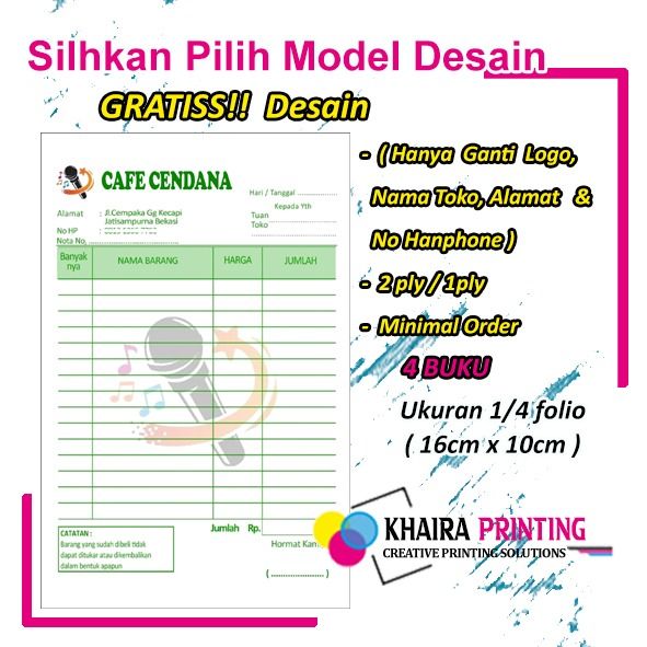 cetak nota cafe custom 2ply ukuran 1/4 free desain nota warung kopi ...