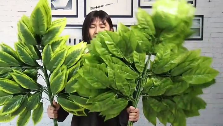 12pcs 3 Fork Artificial Mango Leaves Green White Fake Plants DIY Faux ...