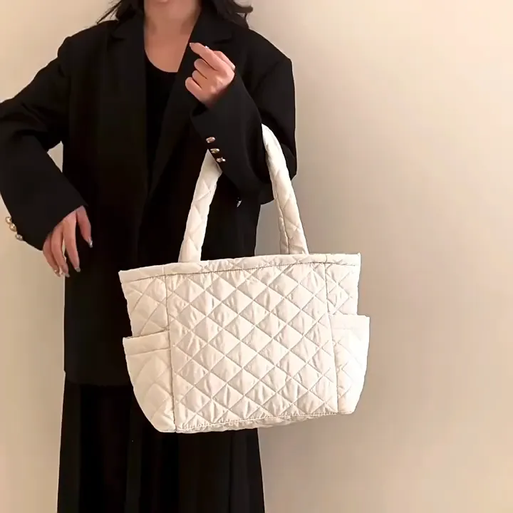 GOUPDO Quilted Plaid Puffer Tote Bag Pleated Cloud Down Cotton Padded ...
