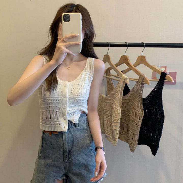 BUJIG INS new ถักกลวงแขนกุด Camisole ผู้หญิงฤดูร้อนใหม่สไตล์เกาหลีอเนก ...
