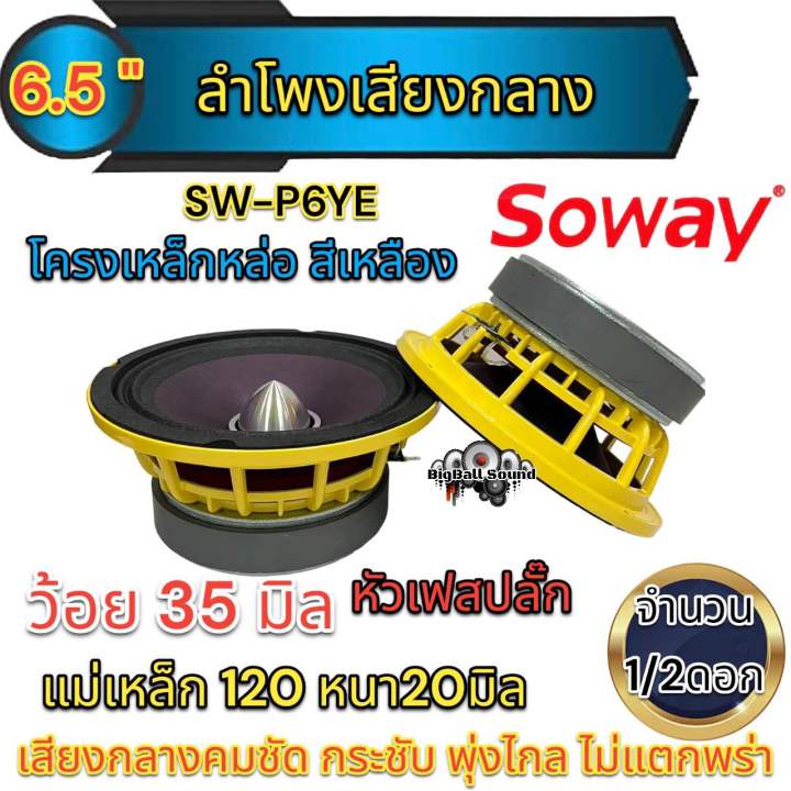 ลำโพงเสียงกลาง 6.5นิ้ว เฟสปลั๊ก แบรนด์ Soway รุ่น SW-P6YE โครงเหล็กหล่อ สีเหลือง แม่เหล็ก120x20 ...