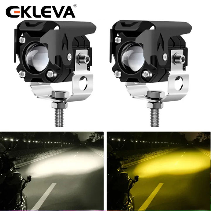 EKLEVA 2pcs LED Motorcycle Spotlight Auxiliary Headlight Fog Light Mini Projector White 6000K ...