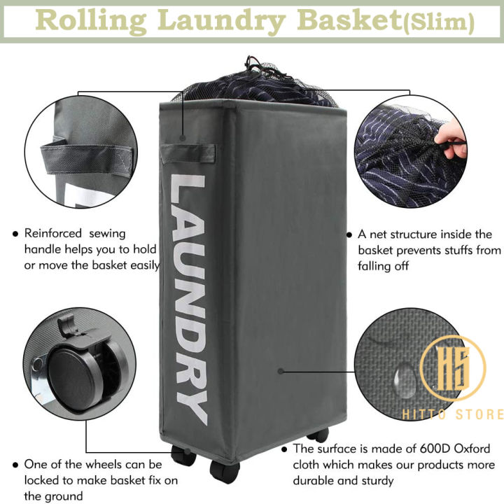 Hitto 22" Rolling Slim Laundry Basket with Stand Foldable Waterproof ...