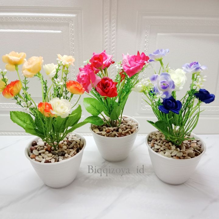 Bunga hias plastik sudah termasuk pot rose mini dekorasi ruangan /Bunga ...