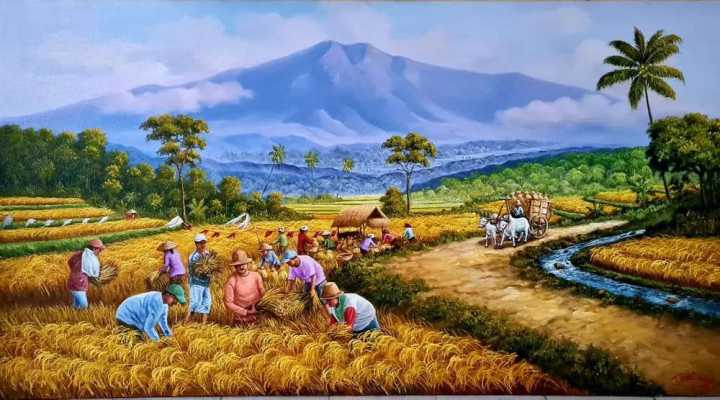 Lukisan Cetak, PETANI PANEN PADI, Ukuran JUMBO, 100×70cm DAN 150×100cm ...