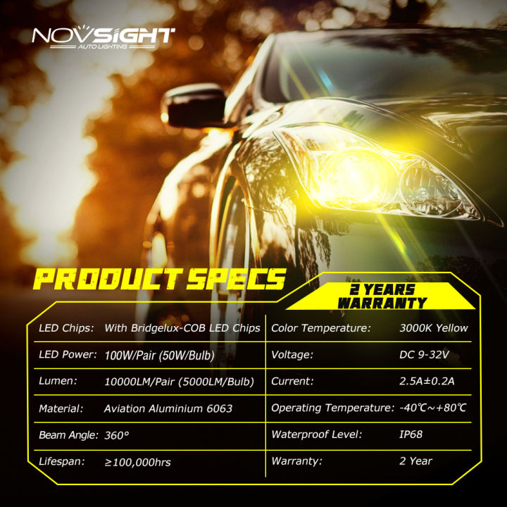 Novsight Fog Light H11 Yellow 10000LM 100W H4 Car LED Headlight Light ...