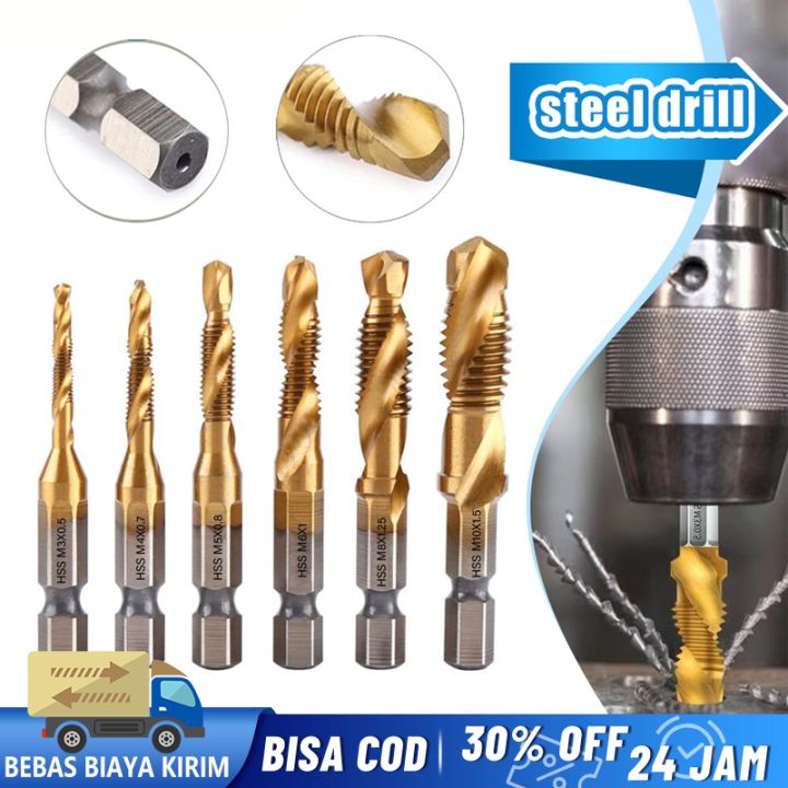 ISI 6 PC Mata Bor Pembuat Ulir Drat 6Pcs Drill Tap set M3-M10 Hex Twist ...