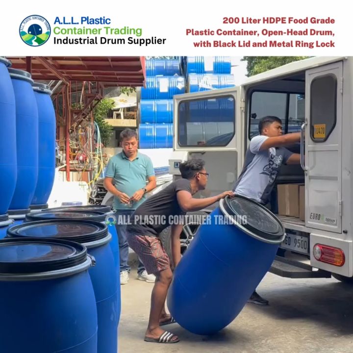 200 Liter HDPE Food Grade Plastic Container, Open-Head Drum, with Black Lid and Metal Ring Lock ...