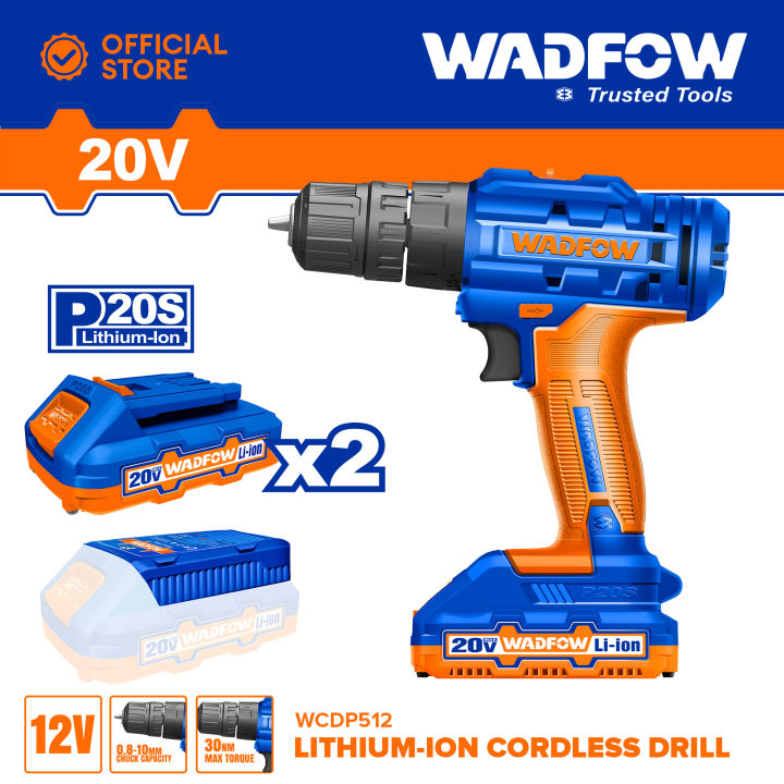 WADFOW 20V Lithium-Ion Cordless Drill Gun 2x Battery & Charger Li-Ion ...