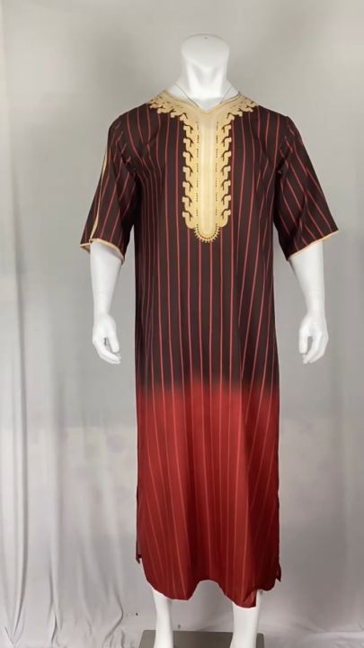 Men Stripe Jubba Kaftan Dishdash Thobe Arab Muslim Clothing Maxi Long ...