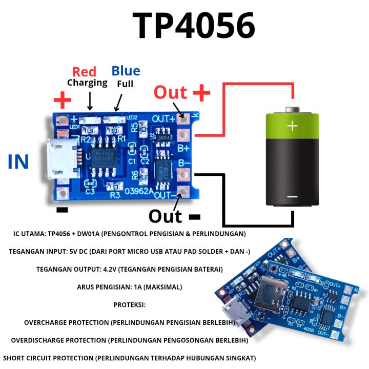 Modul TP4056 1A Charger Baterai Lithium dengan Perlindungan – Micro USB ...