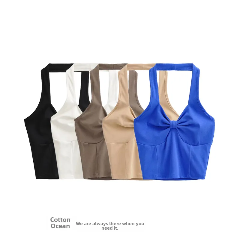 Cotton Ocean Niche Style Bows Ruched Halterneck Vest Ins Sexy Open Back ...