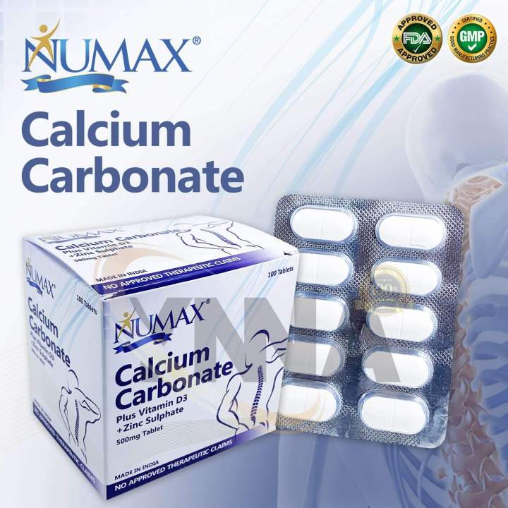 Numax Calcium Carbonate + Vit. D3 +Zinc Sulphate (100 tablets per box ...