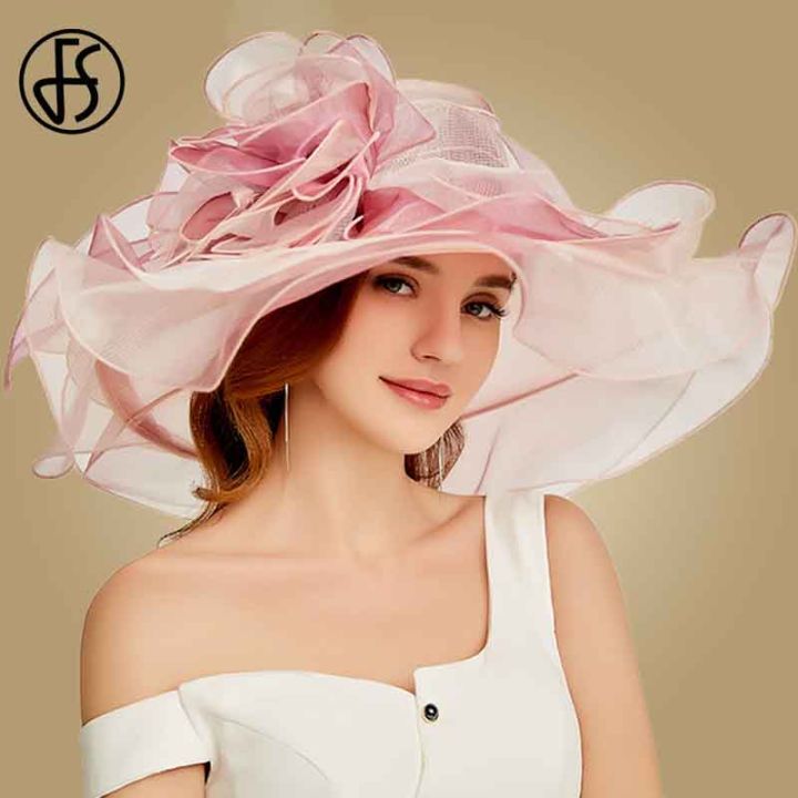 Fs Pink Kentucky Derby Hat For Women Organza Sun Hats Flowers Elegant