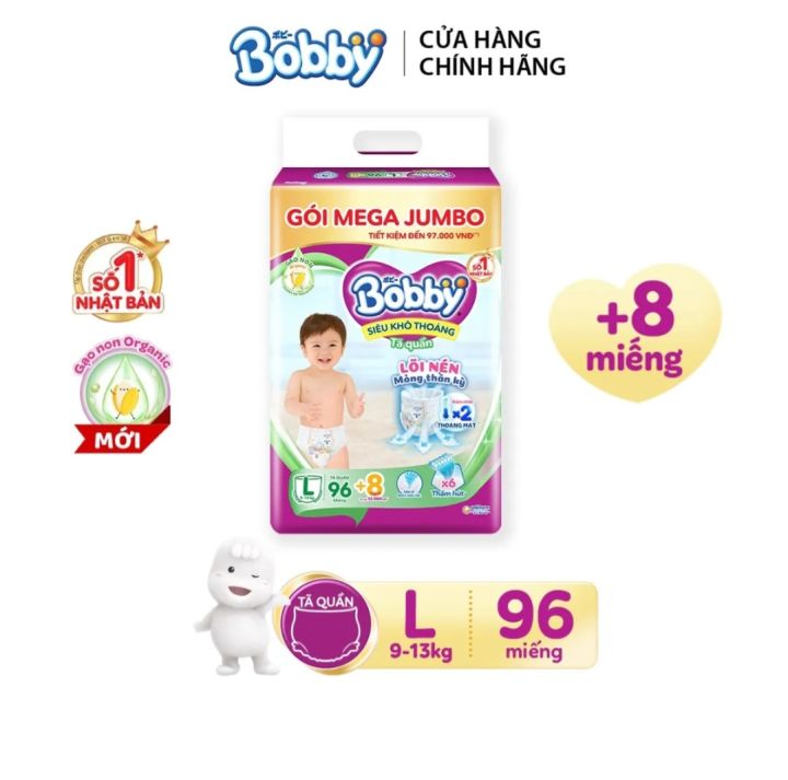 COMBO 2 BỊCH TẢ QUẦN BOBBY SIZE L 96 MIẾNG ...TẶNG 16 MIẾNG + BÀN CHẢI ...
