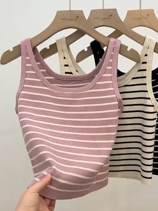 HELLODES Tank Top Tanktop Wanita Singlet Bralette Motif Garis Crop Top ...