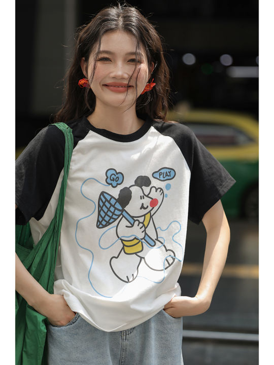 เสื้อยืดแขนสั้นพิมพ์ลายไหล่สไตล์วินเทจสไตล์อเมริกันยี่ห้อ Qianjie เสื้อ ...