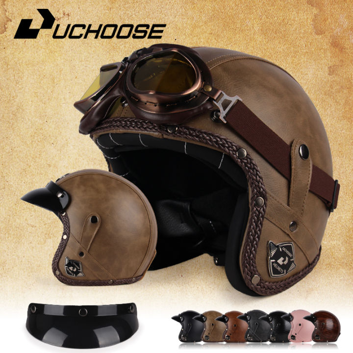 UCHOOSE Retro Motorcycle Helmet PU Leather Open Face 3/4 Chopper ...