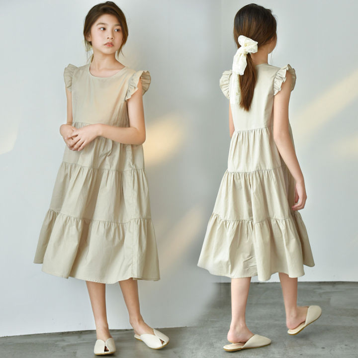 ชุดเดรสผ้าฝ้ายลําลองสําหรับสาวฤดูร้อน Ruffles แขนสั้นสีทึบรูปแบบ Knink ...