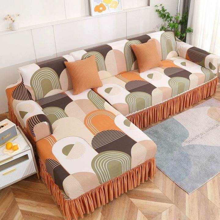 HOYAA HD Printed L Shape Sofa Cover with Skirt Stretchable 1/2/3/4 ...