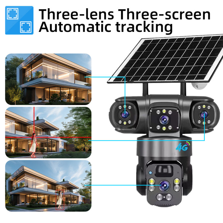 LLSEE V380 Three Lens Three Screen 12MP Wireless Solar Camera 4G SIM ...