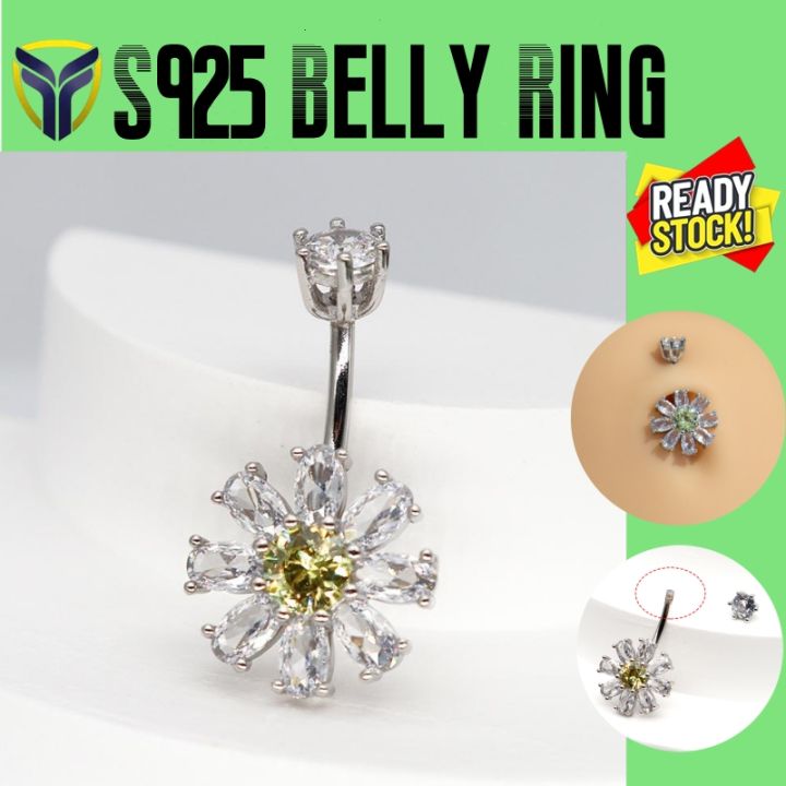 จี้เพทายดอกไม้ดอกเดซี่สีเงินสเตอร์ลิง2024 S925สะดือเล็บเจาะสะดือไม่ก่อให้เกิดอาการแพ้สตั๊ดฮิปฮอป ...