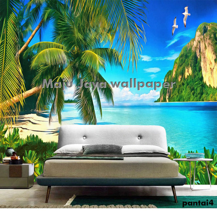 wallpaper custom visual 3D motif pemandangan pantai, wallpaper dinding ...