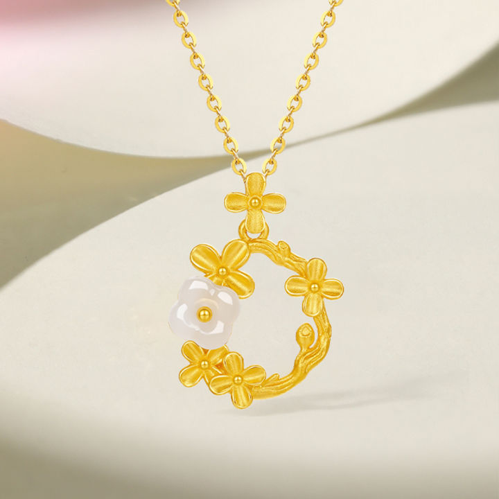 ZHOU LIU FU 周六福 24K Gold Pendant Hetian White Jade Flower Pendants ...