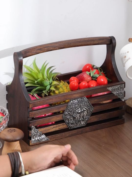 100% Teak Wood Storage Basket with Handle Tin Elephant Wooden Basket ...