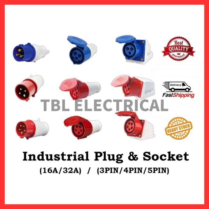 CEE INDUSTRIAL PLUG WALL SOCKET CONNECTOR SOCKET 16A 32A 3 PIN 4 PIN 5 PIN BLUE/RED SINGLE PHASE ...