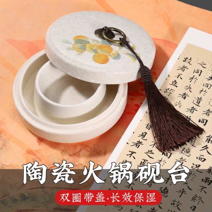 Ceramic Calligraphy Inkstone with Lid Long-lasting Ink Hot Pot Cultural ...