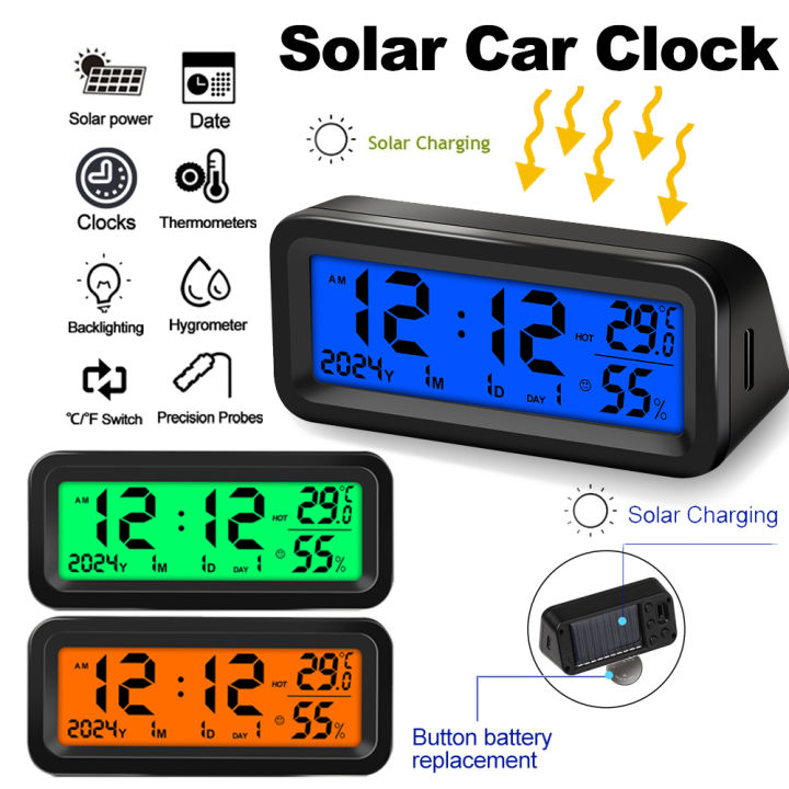 Digital Car Clock Solar/USB Powered with Date Week Temperature Humidity ...