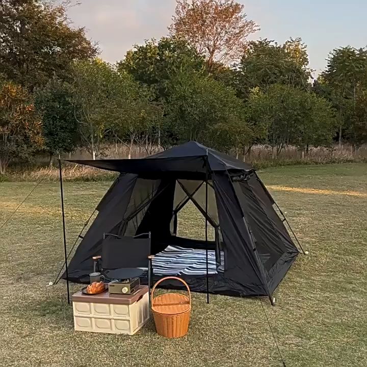 All Black tent Large Family Tent UV Awning Camping Tent 4 Door Outdoor ...