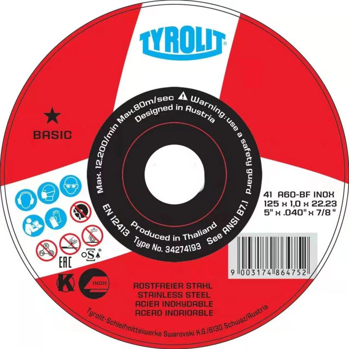 Tyrolit Cutting disc 5"(125mmX1mmX22.23mm) for Stainless And Metal Steel Superthin Cutting disc ...