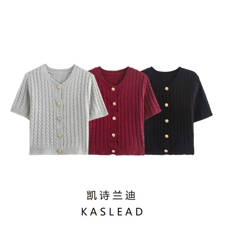 เสื้อสเวตเตอร์คอวีแขนสั้นสามสีแฟชั่น KASLEAD เสื้อผ้าทำงานสไตล์ใหม่ ...