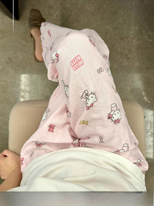 HelloKitty Kitty Cat High เอว เอวยืดหยุ่น ชุดนอน ผู้หญิง ฤดูร้อน ขาตรงใหม่ กางเกง ลำลอง Home ...