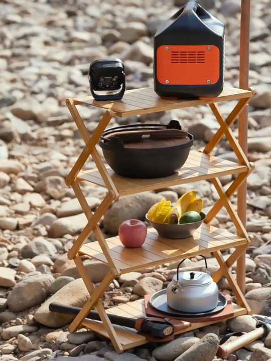 Ready Stock】Outdoor Folding rack Multilayer Camping Wood Shelf Portable ...