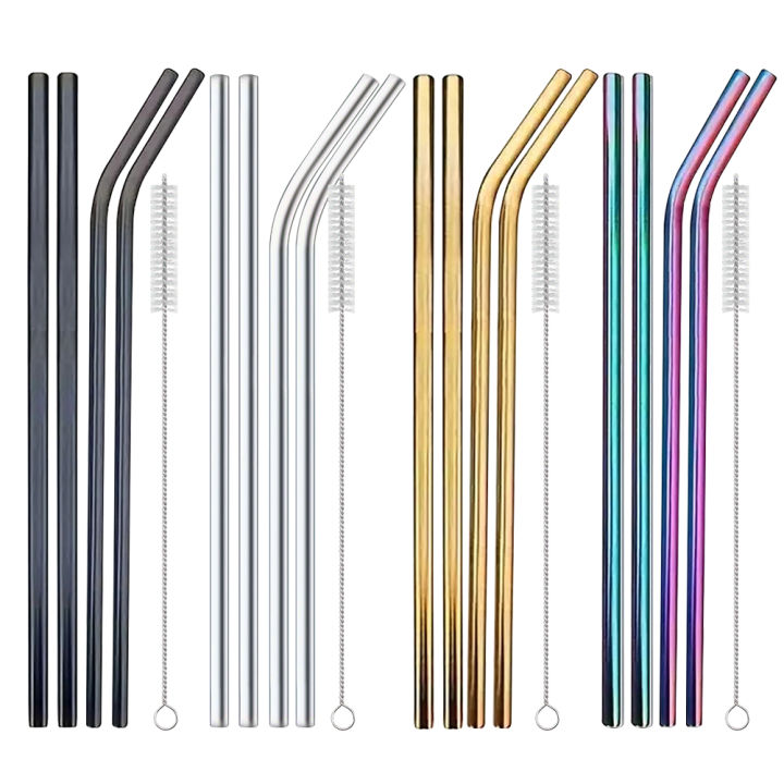 4Pcs Stainless Steel Straw with Cleaning Brush Reusable Straws Long ...